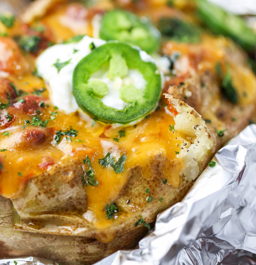 Chili Cheese Baked Potatoes - Tabs & Tidbits